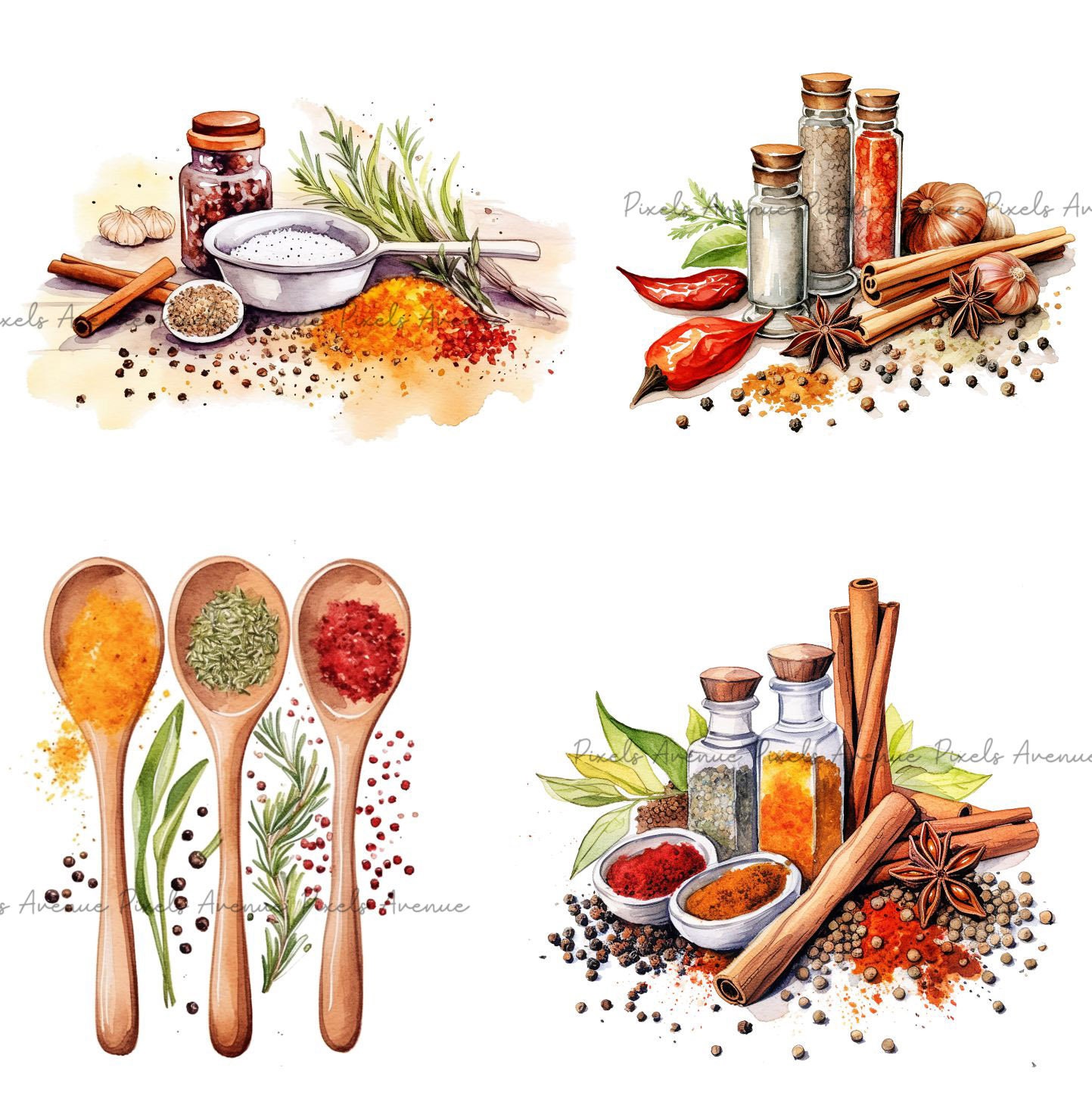 Herbs and Spices Clip Art, JPG Kitchen Condiment Watercolor Clipart ...