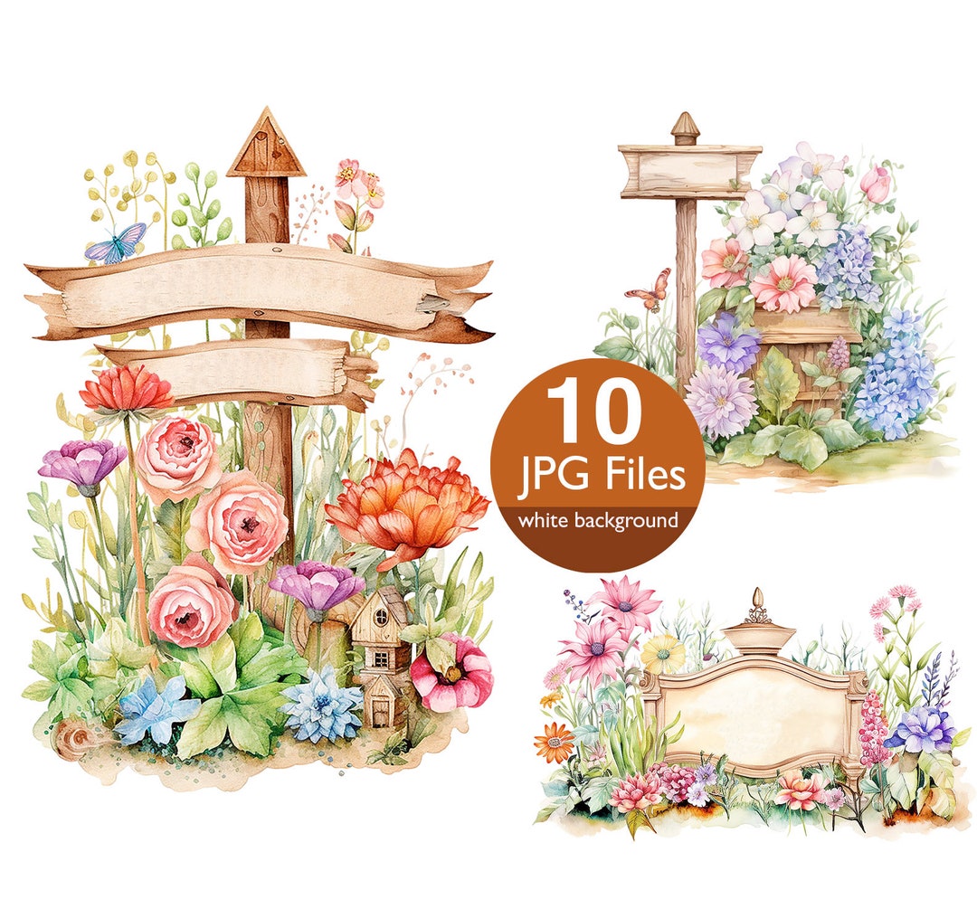 Garden Sign Clipart, JPG Watercolor Clipart, Rustic Garden, Planner ...