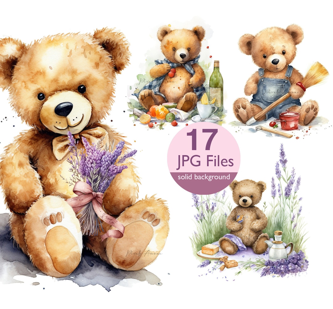 Spring Teddy Bear Clip Art, JPG Watercolor Teddy Bears Clipart, Paper ...