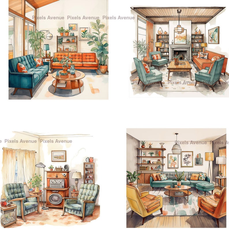 Retro Vintage Living Room Clip Art, JPG Antique Interior Design Clipart, Planner, Sticker Junk ...