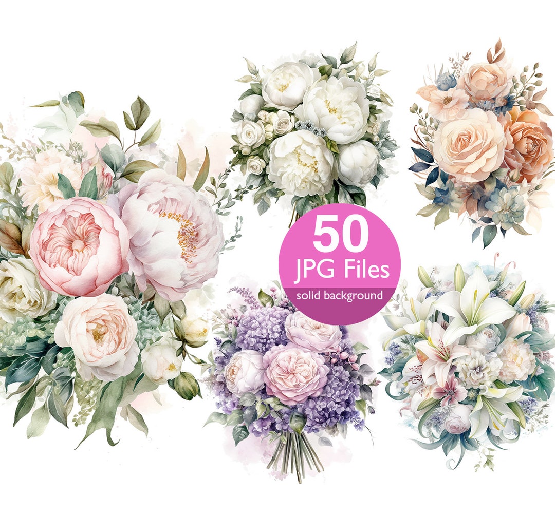 Wedding Bouquet Clip Art, JPG Boho Wedding Bouquet, Flower Watercolor ...