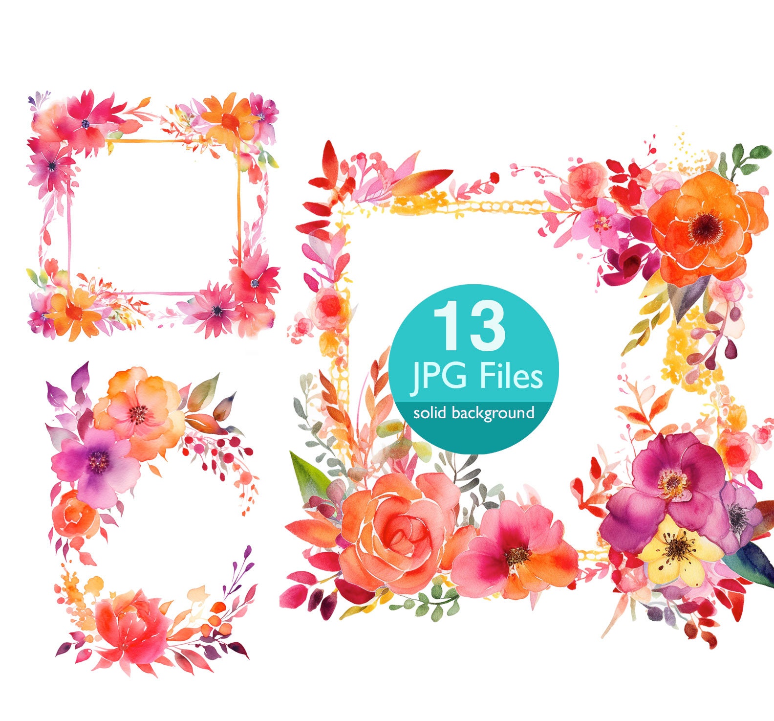 Orange and Pink Floral Frames Clip Art JPG Square and Circle - Etsy