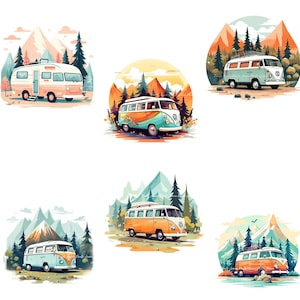 Retro Camper Van Scenes Clip Art, JPG Camper Vans, Planner Art, Digital ...