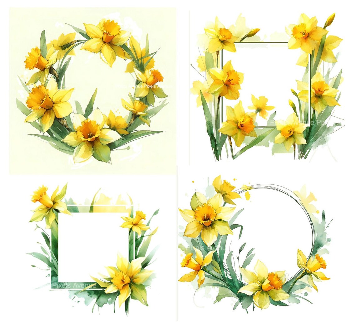 Daffodil Watercolor Clipart: Yellow Flower Frames (JPG) - Etsy