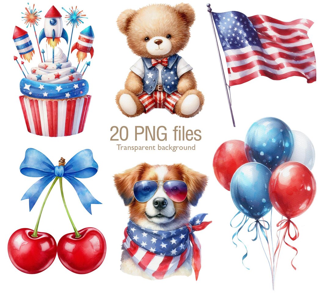 4th of July Watercolor Clipart: Patriotic USA Graphics (20 PNG Files ...