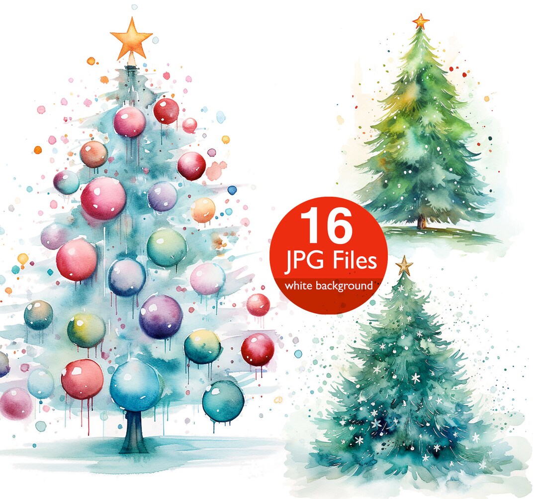 Christmas Tree Clip Art, JPG Watercolor, Holiday Clipart, Decorated ...