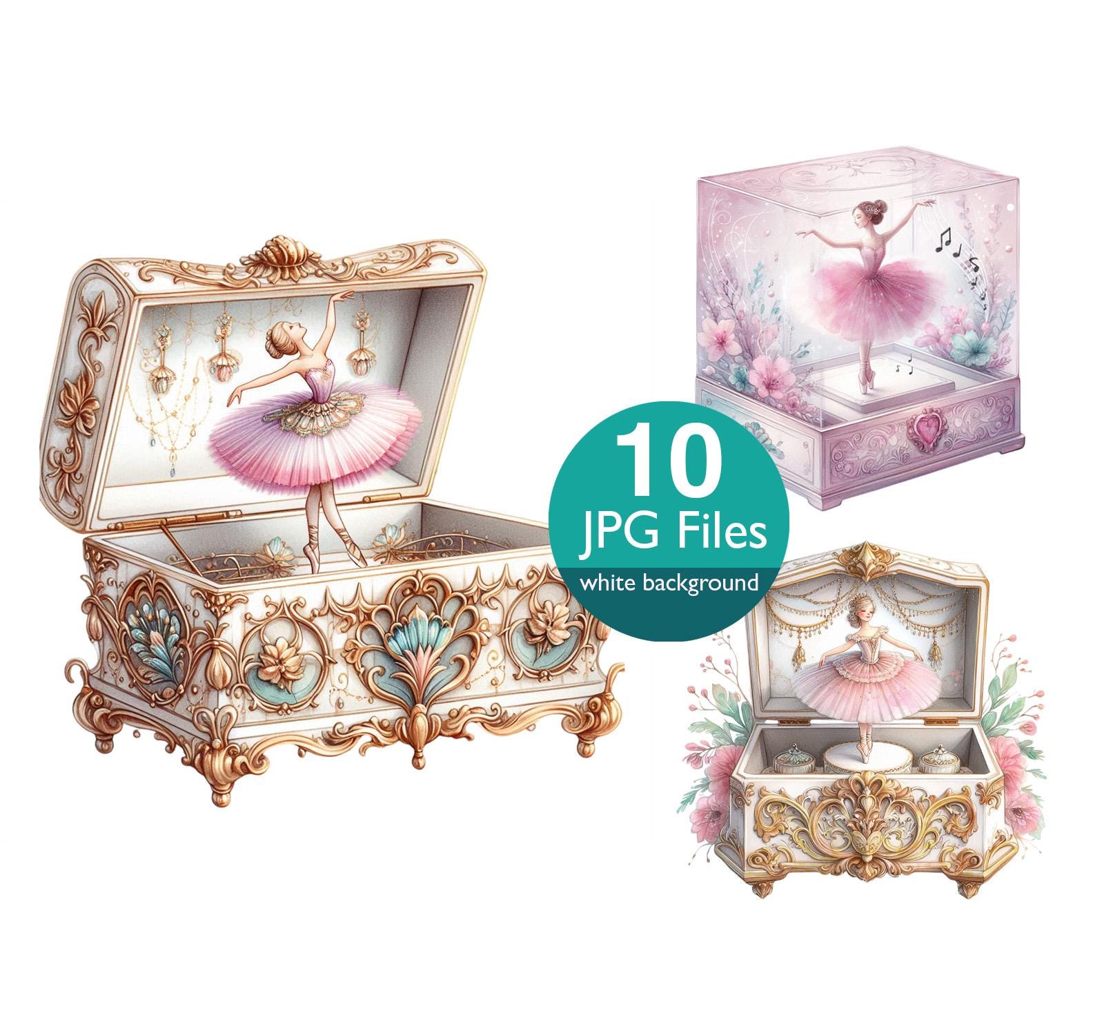 Ballerina Music Box Clipart: Vintage Watercolor Illustrations (JPG) - Etsy