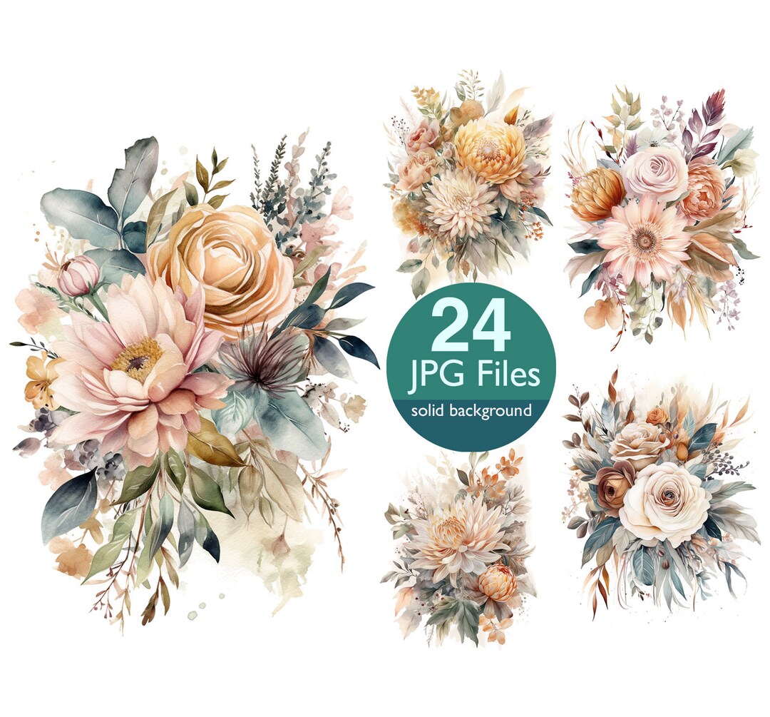 Boho Bouquet Clip Art, JPG Boho Wedding, Flowers Watercolor Clipart ...