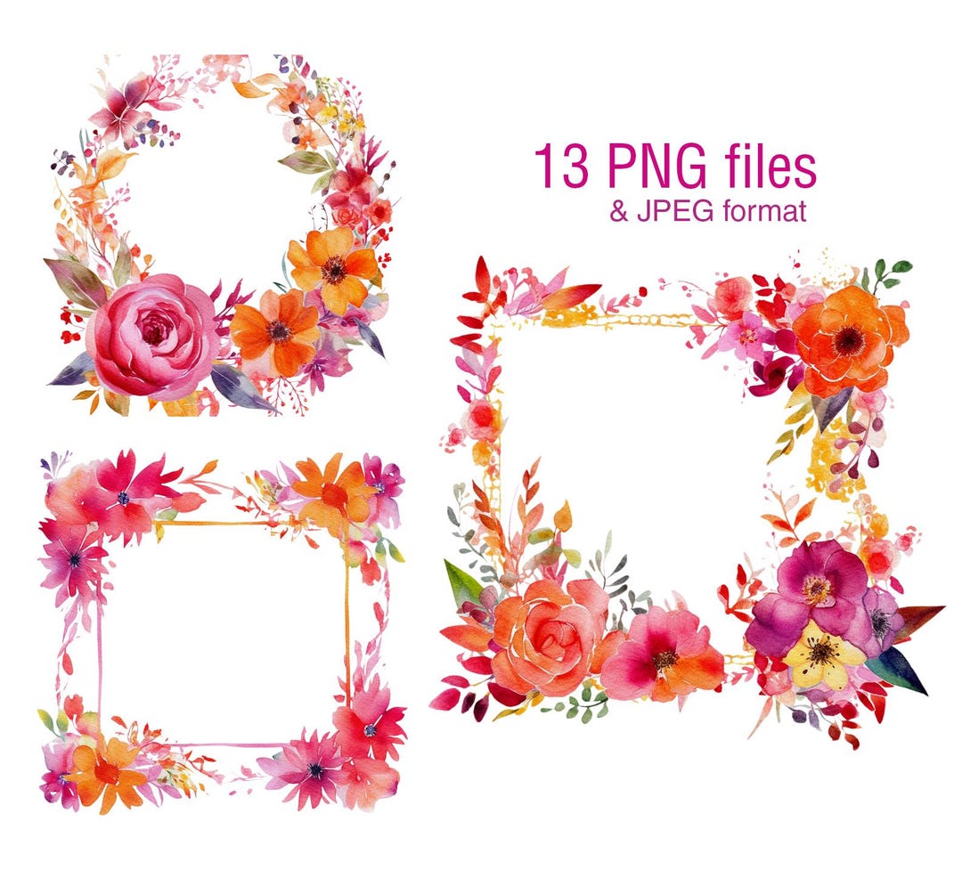 Floral Frames Clip Art: Orange & Pink Flower Borders (PNG, JPG) - Etsy