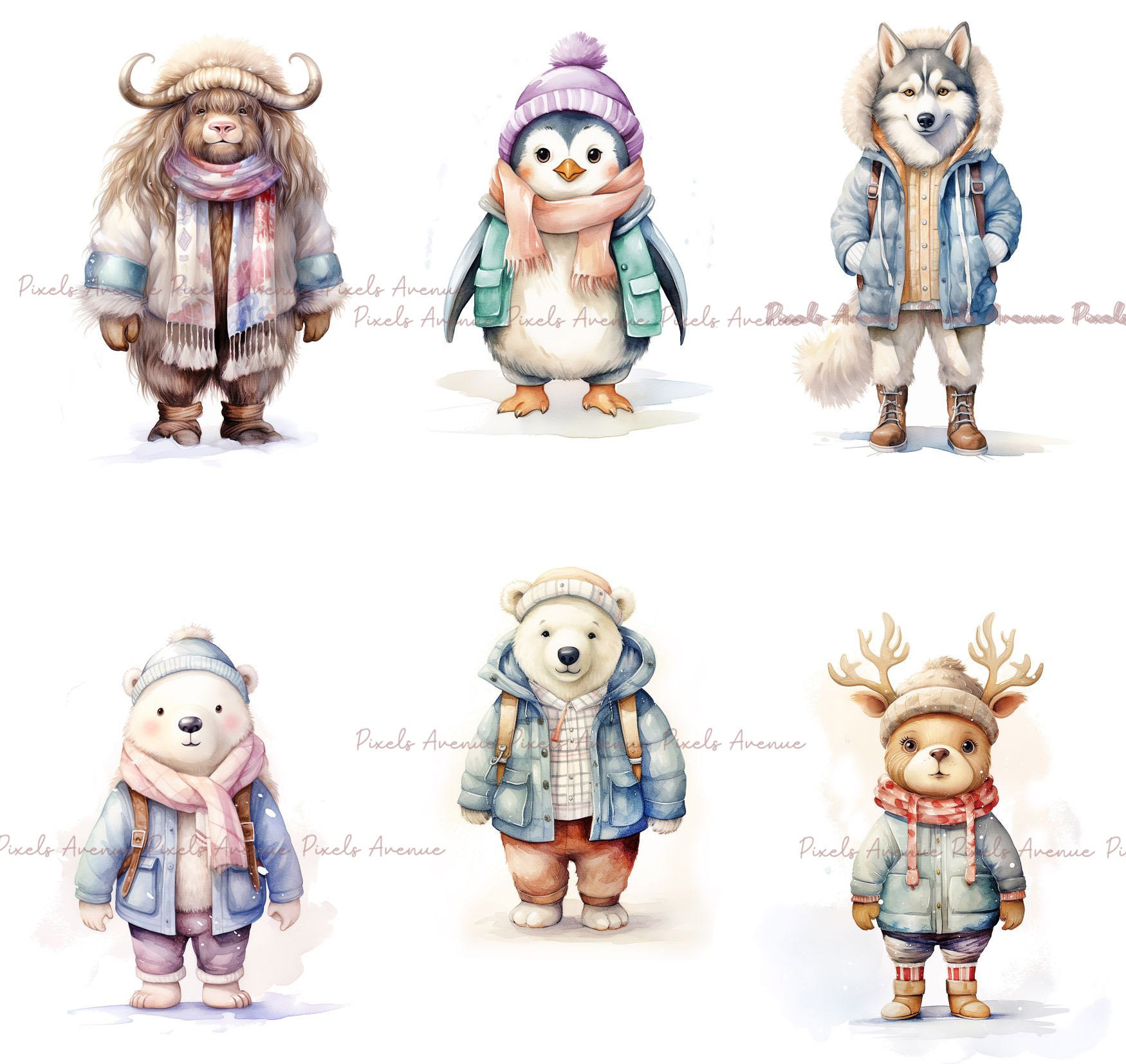 Cute Animals in Winter Clothes Clip Art JPG Watercolor Winter - Etsy