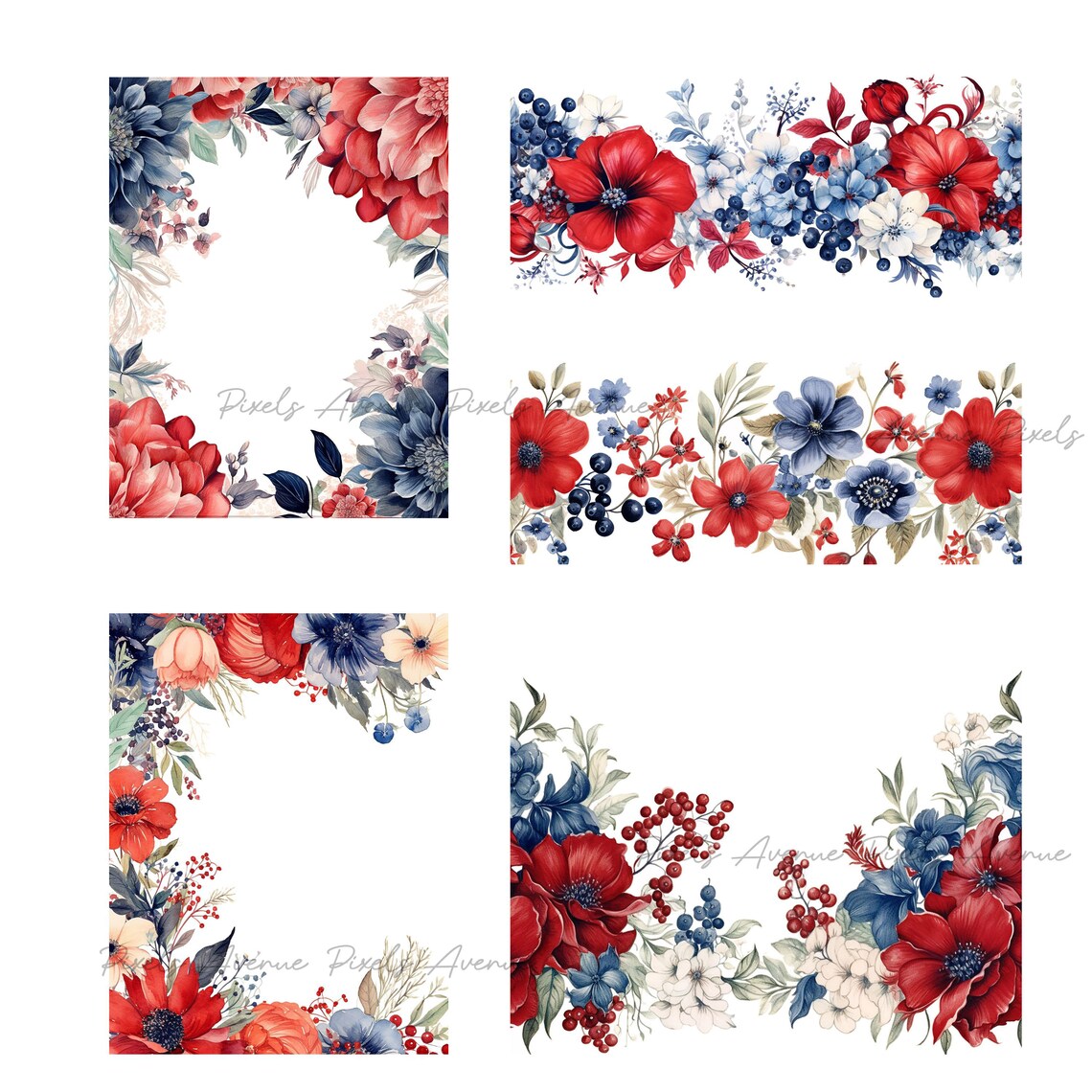 Red White and Blue Flower Frames Clip Art JPG Floral Border - Etsy