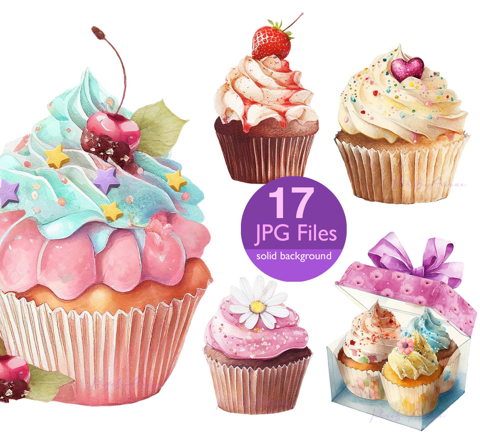 Cupcake Clip Art, JPG Birthday Watercolor Clipart,planner Stickers ...