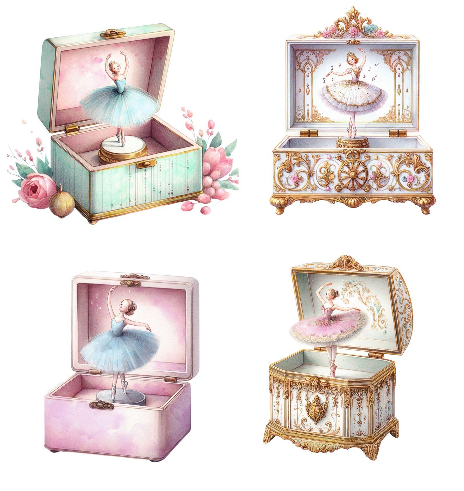 Ballerina Music Box Clipart: Vintage Watercolor Illustrations (JPG) - Etsy