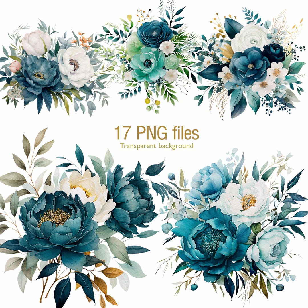Teal Floral Watercolor Clipart: Blue Roses, Green Flowers (JPG & PNG ...