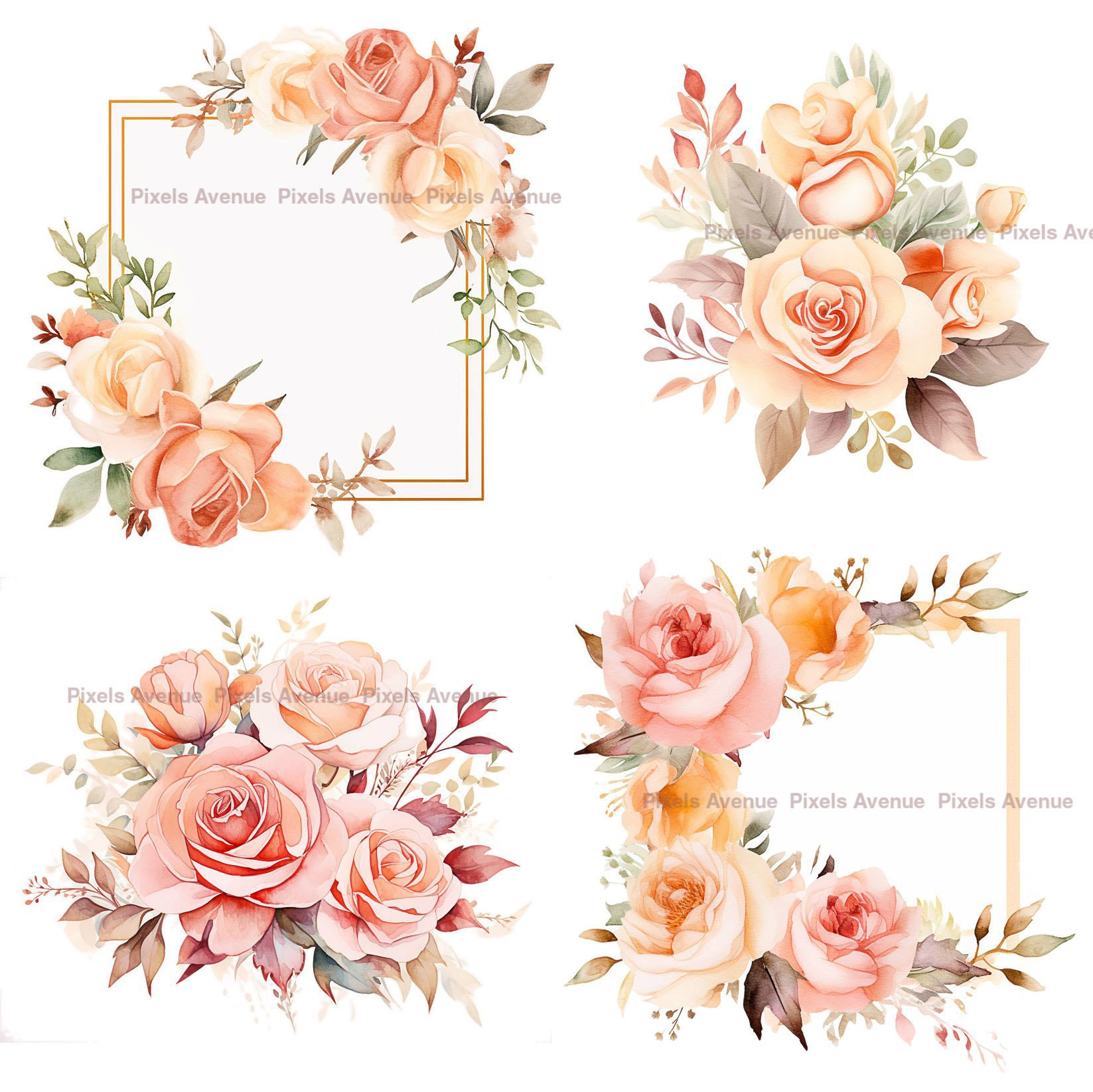 Peach Floral Frame Clipart: Watercolor Flower Border (JPG Files) - Etsy UK