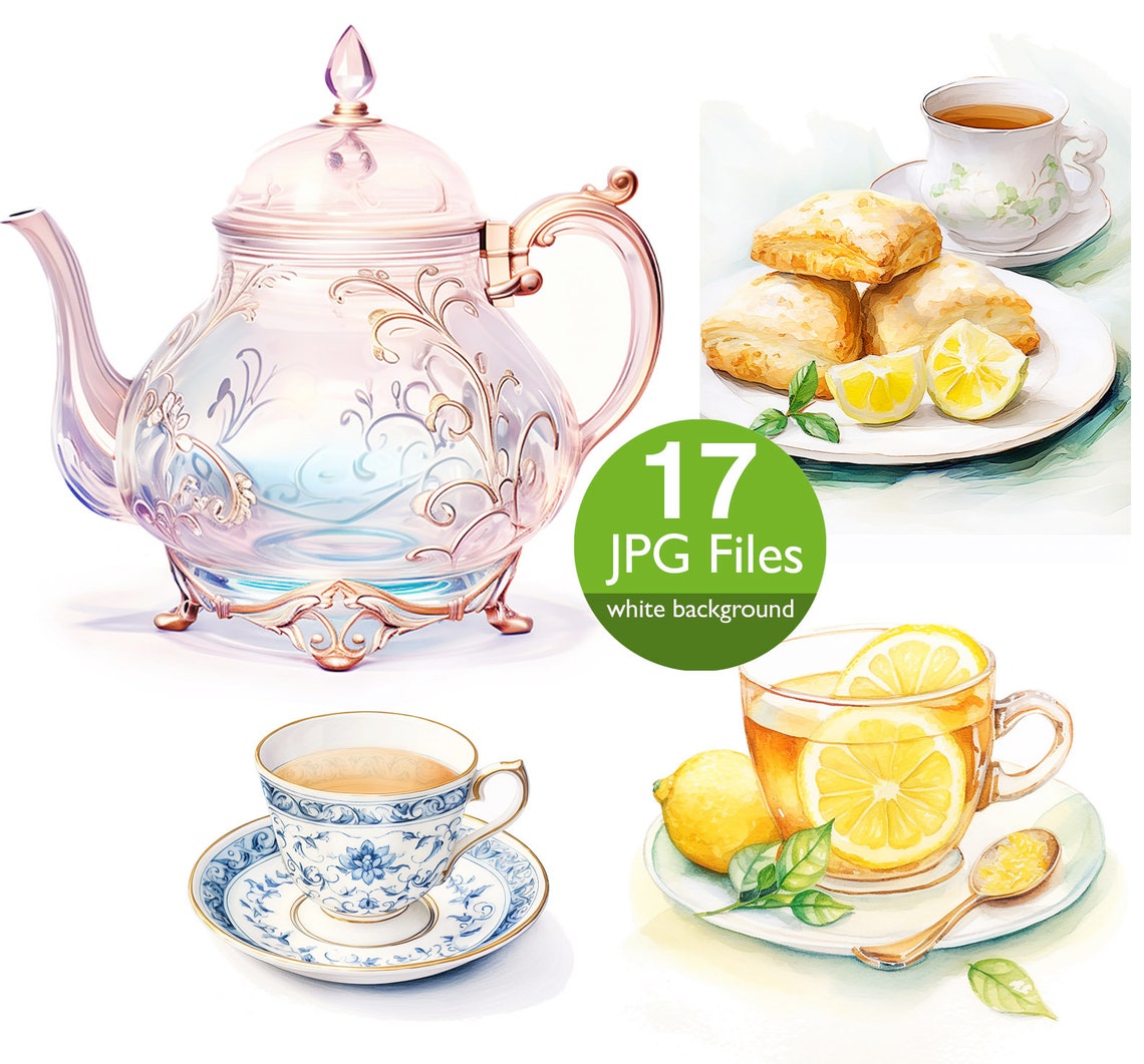 Tea Time Clip Art JPG Tea Cup Watercolor Clipartplanner - Etsy