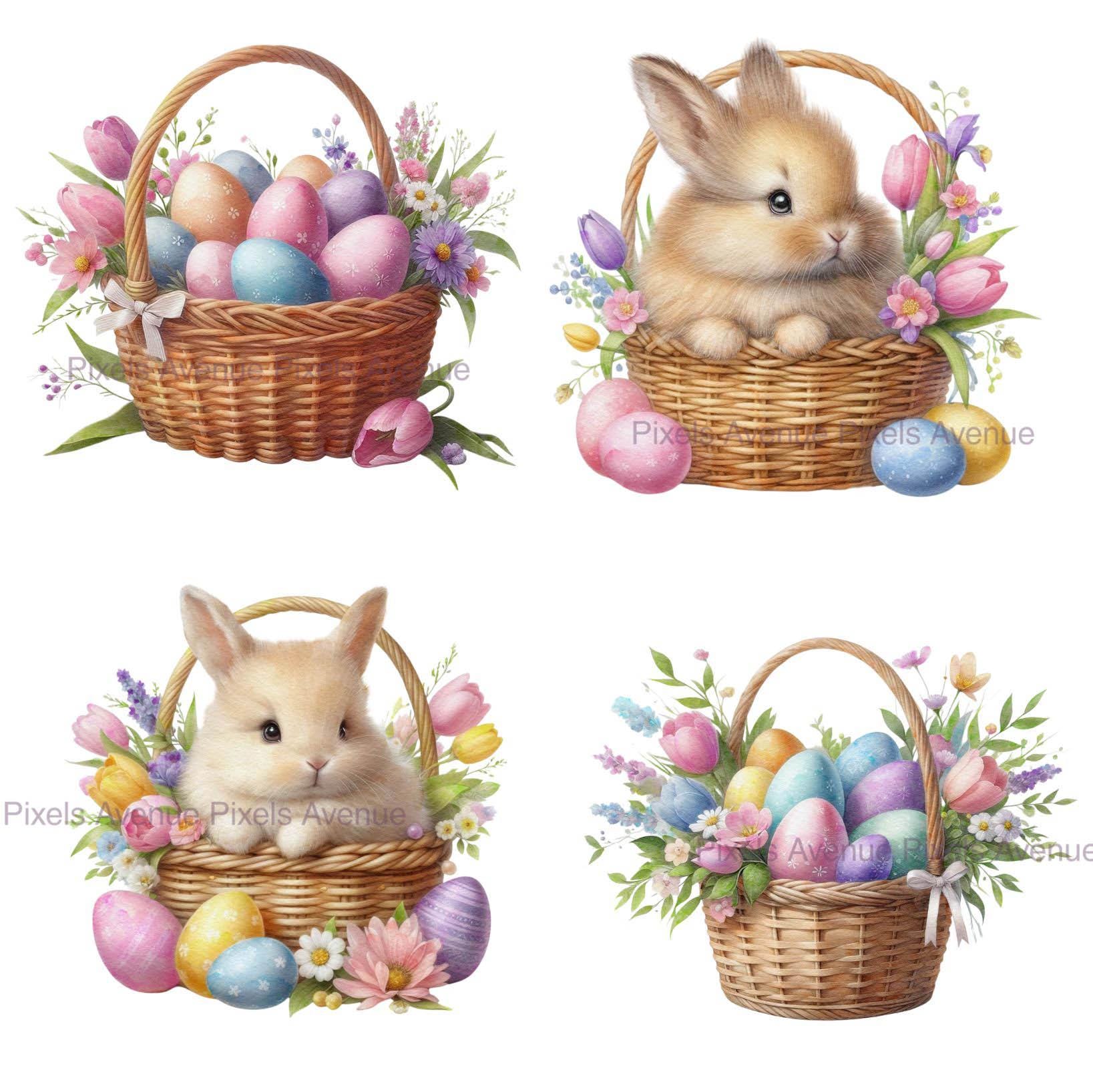 Easter Bunny Clipart: Floral Basket, Colorful Eggs (digital Download ...