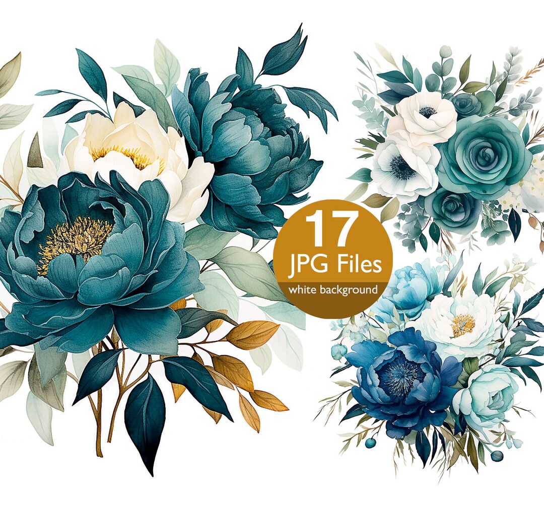 Teal Floral Clip Art, JPG Blue Roses, Green Flower Watercolor Clipart ...