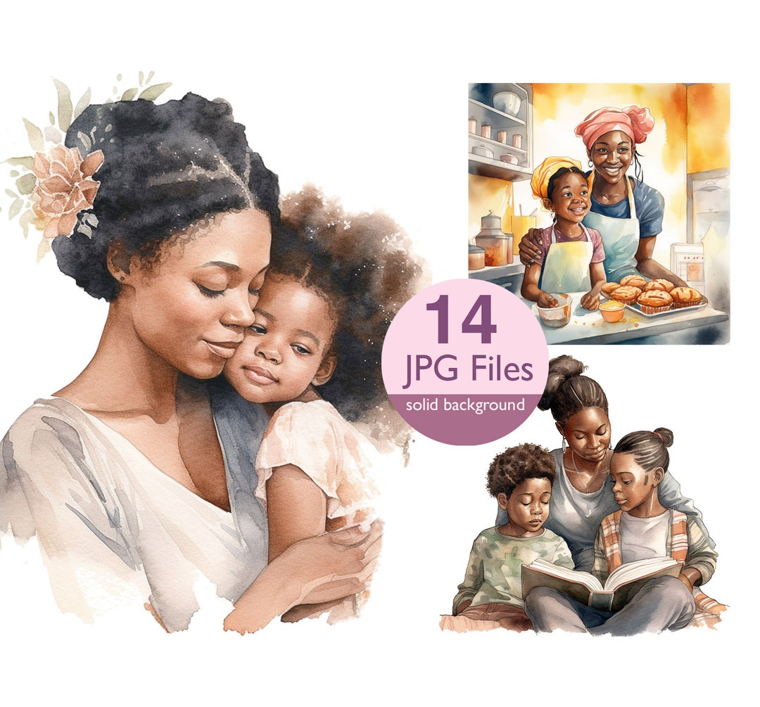 Mother and Child Clip Art, JPG African American Mother's Day Watercolor ...