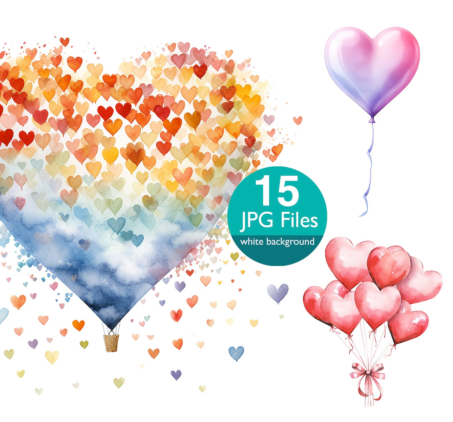 Heart Balloons Clip Art JPG Valentine's Day Clipart Red - Etsy