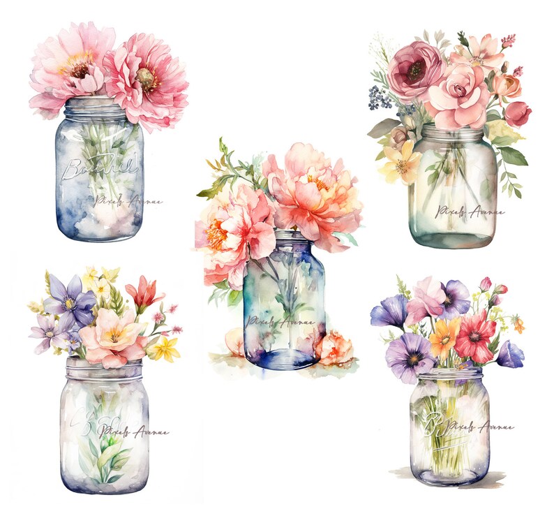 Flowers in Vase Clip Art JPG Flower Watercolor Clipart - Etsy
