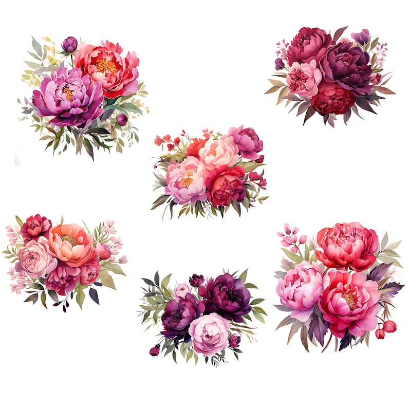 Magenta Peony Watercolor Clipart: Floral Wedding Invitation (JPG Files ...