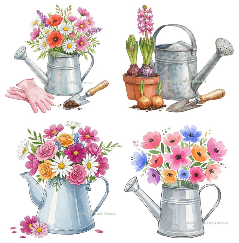 Watercolor Gardening Clipart: Spring Flowers, Garden Tools (PNG Files ...