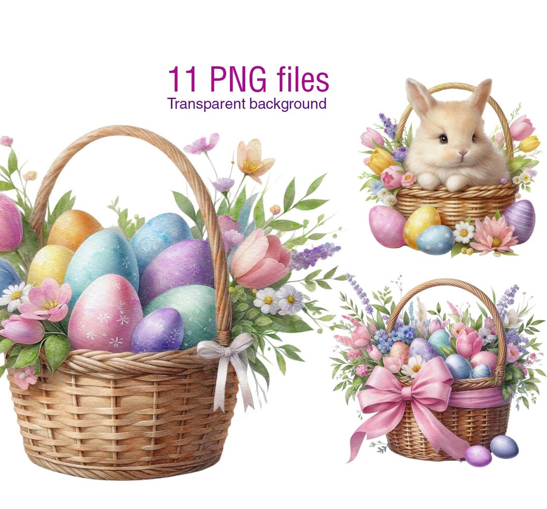 Easter Bunny Clipart: Floral Basket, Colorful Eggs (digital Download ...