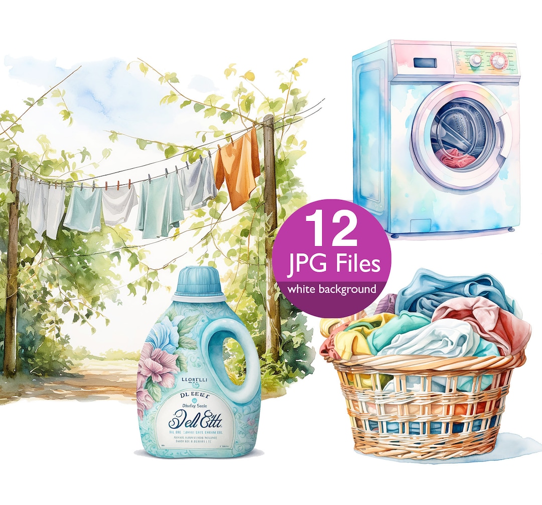 Laundry Clip Art, JPG Watercolor, Washing Machine Clipart, Laundry Day ...