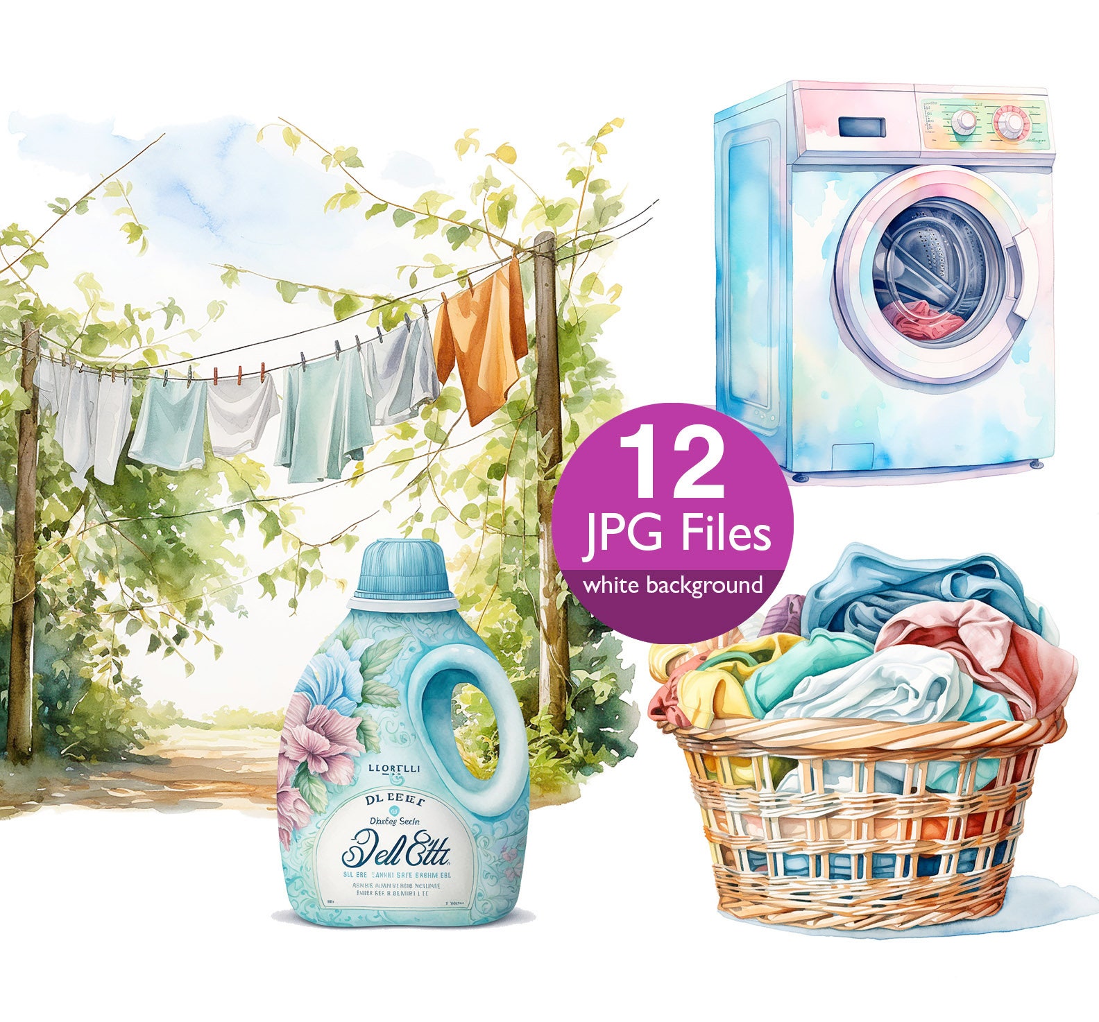 Laundry Clip Art, JPG Watercolor, Washing Machine Clipart, Laundry Day ...