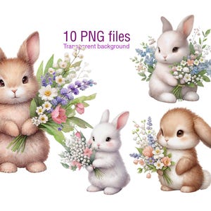 Easter Bunny Clip Art, PNG Cute Rabbit Bunny With Flower Bouquet ...