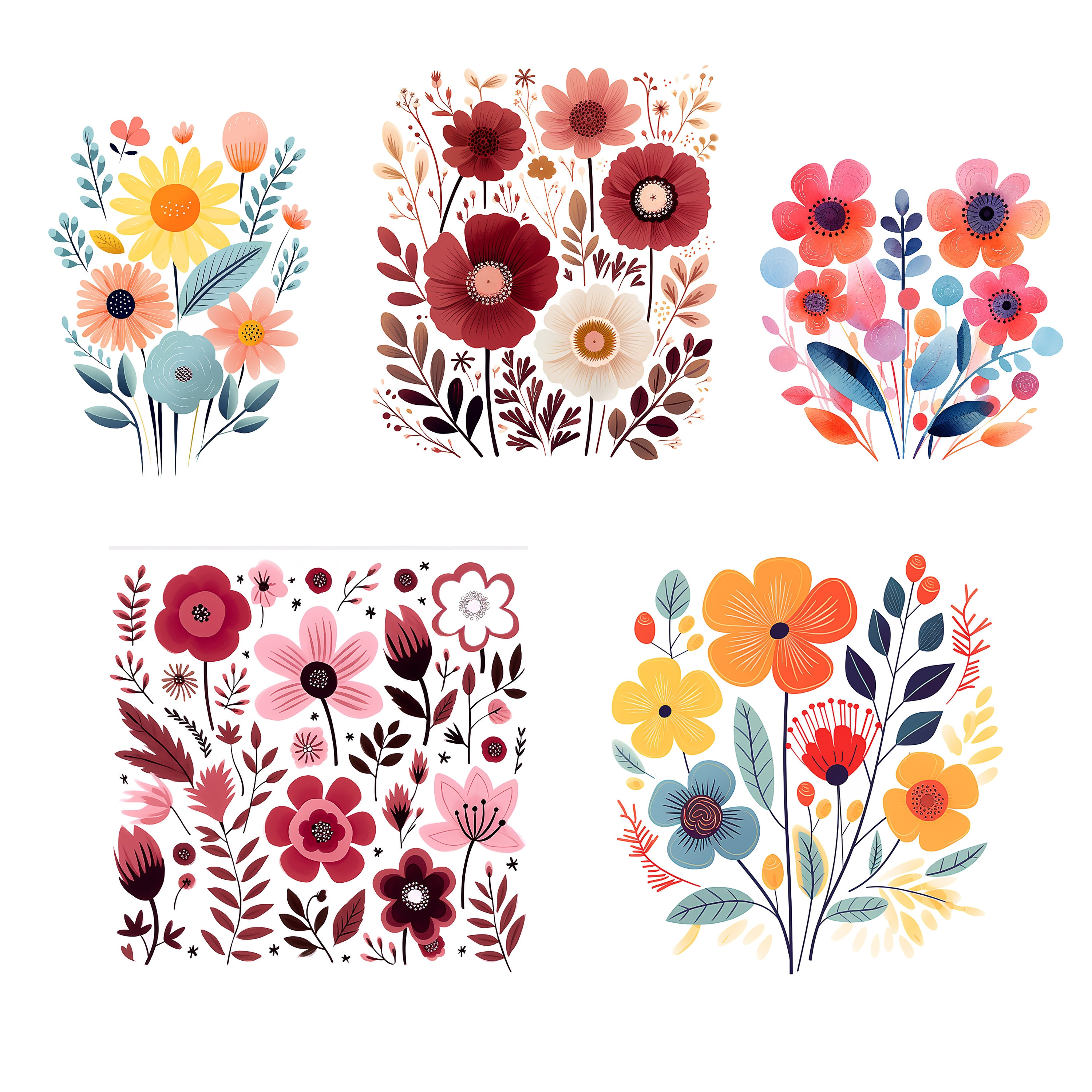 Cute Flower Clip Art JPG Kawaii Flowers Bouquet Watercolor - Etsy