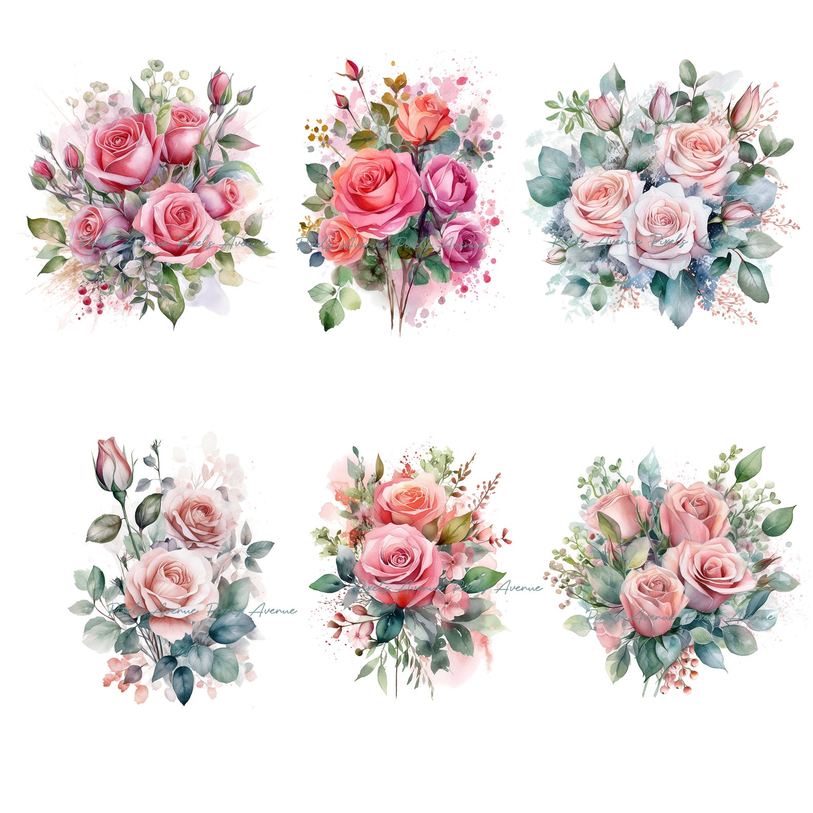 Watercolor Pink Roses Clip Art JPG Floral Bouquet Rose - Etsy