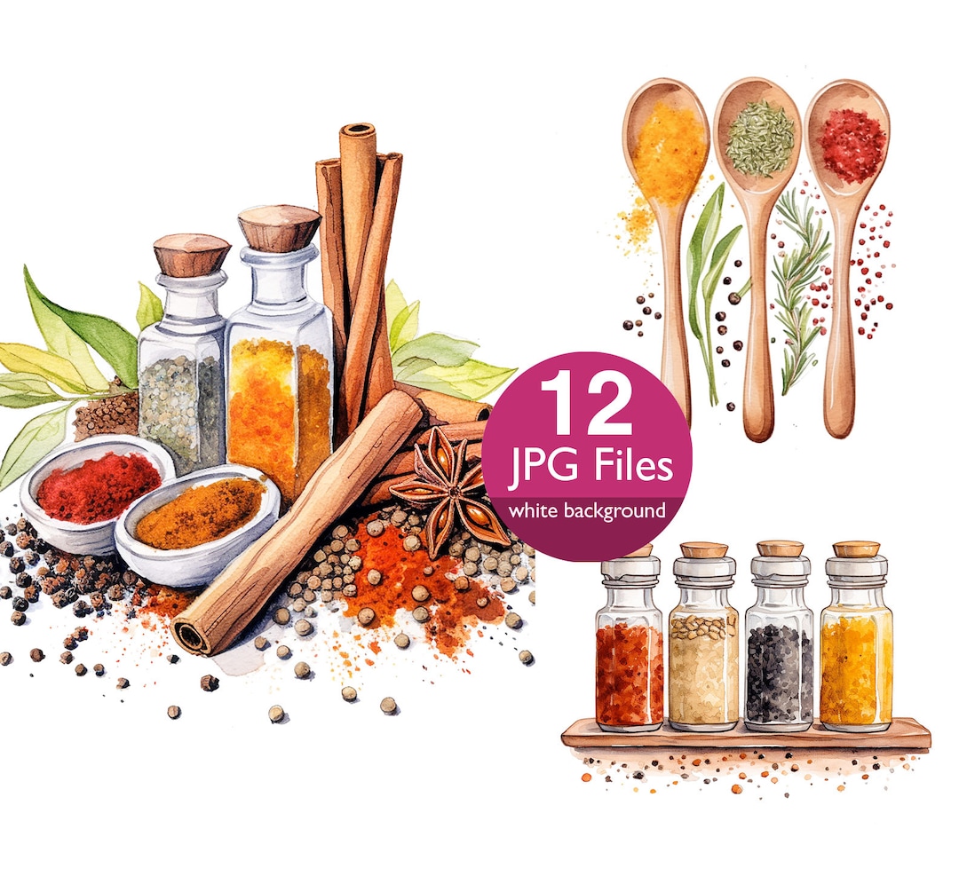 Herbs and Spices Clip Art, JPG Kitchen Condiment Watercolor Clipart ...