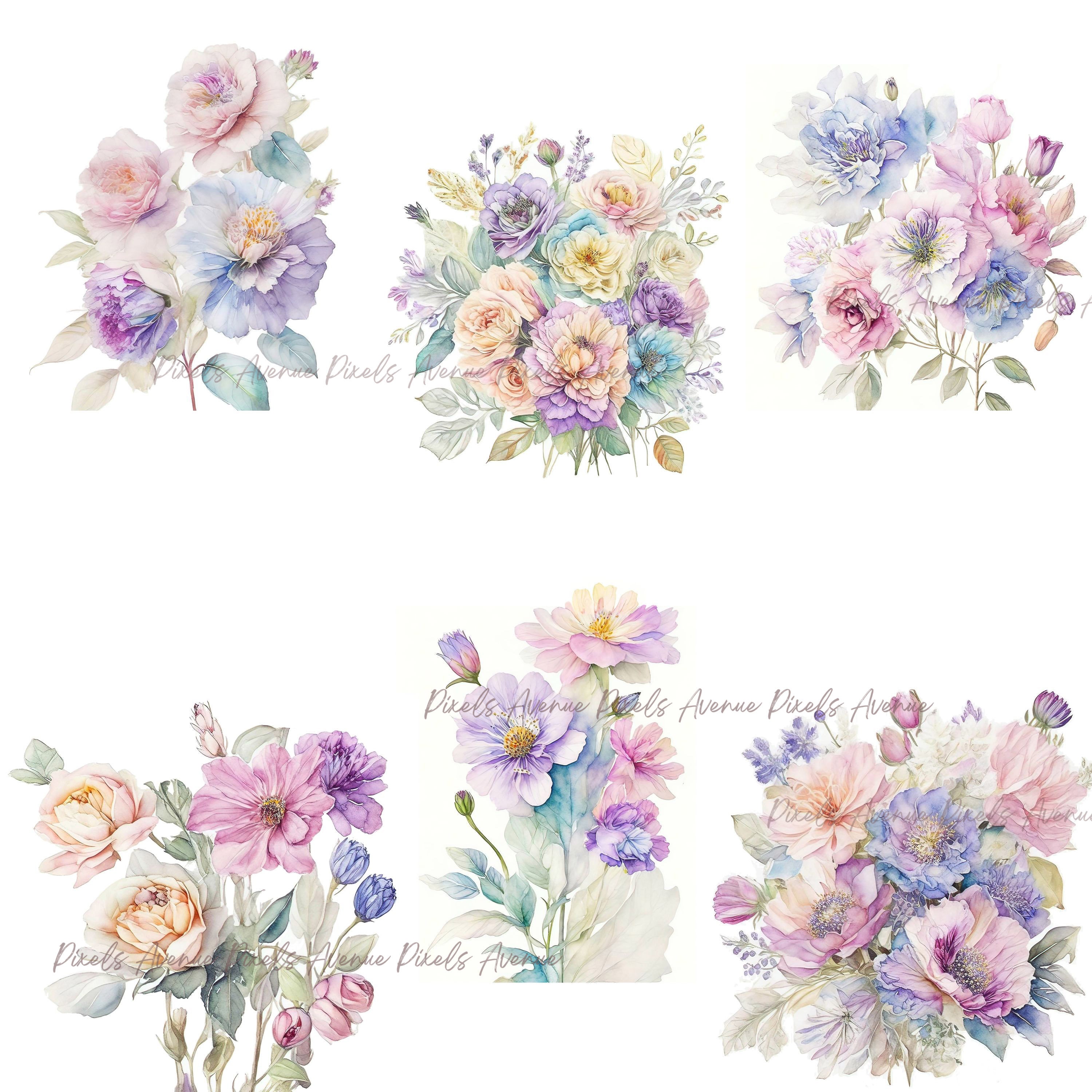 Pastel Floral Clip Art JPG Elements, Pastels Flower Bouquet Watercolor ...