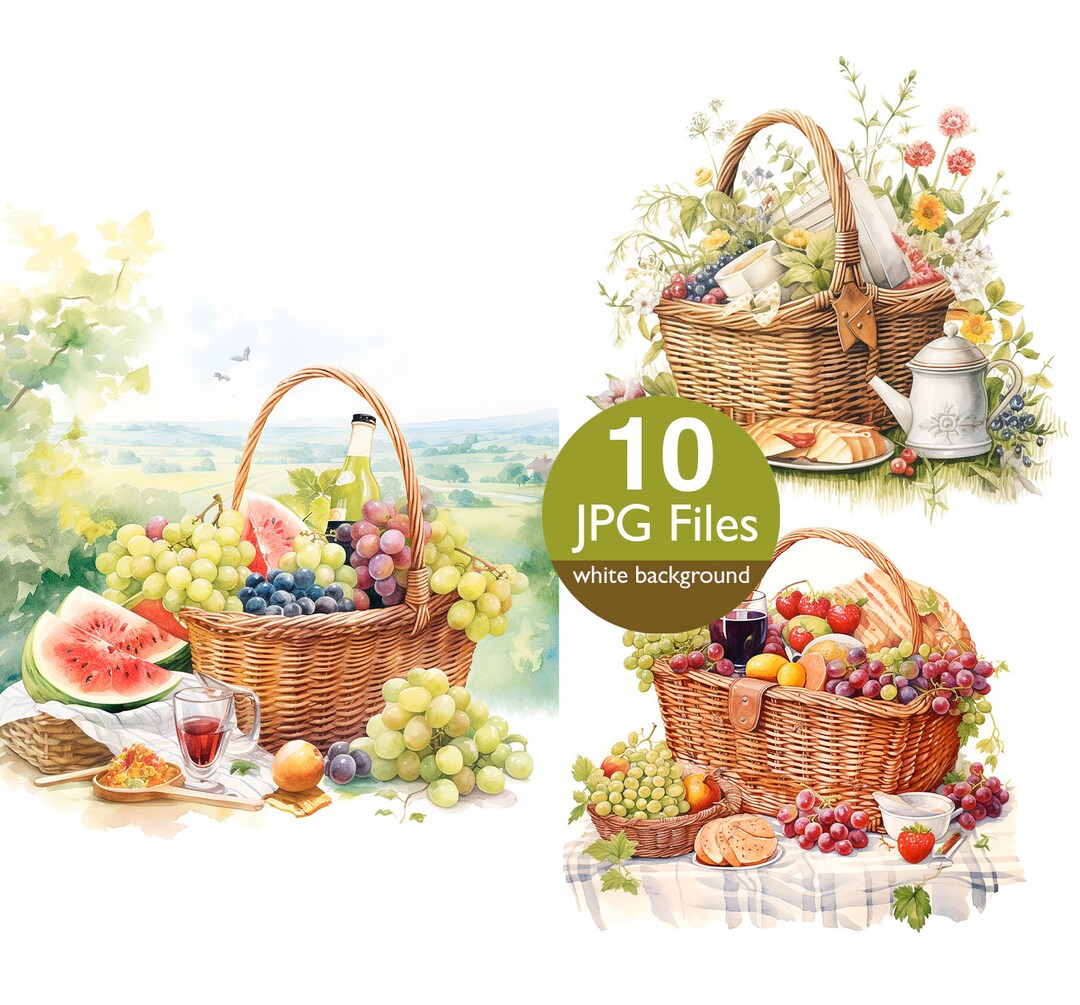 Picnic Basket Clipart, JPG Watercolor Clipart, Vintage Picnic for Junk ...