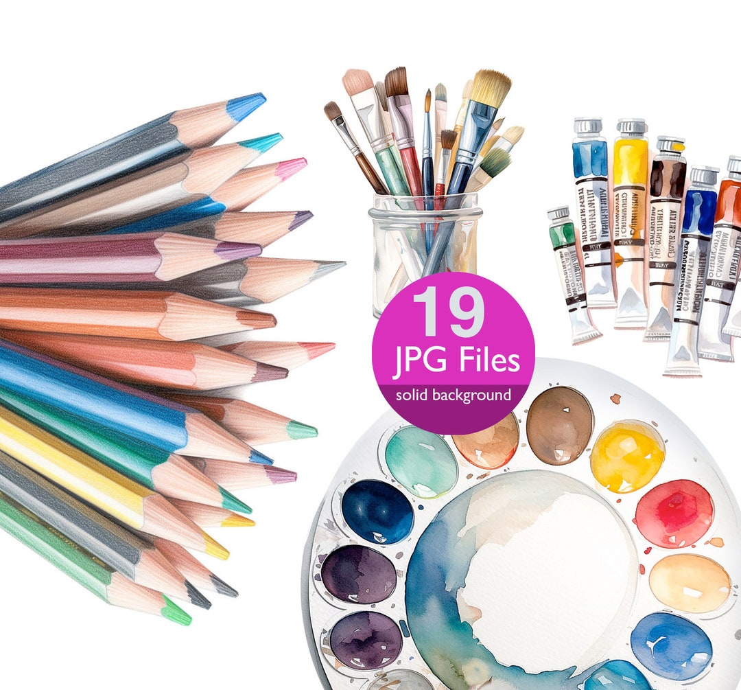 Watercolor Art Supplies Clipart: Artist Tools, Scrapbook Graphics (JPG ...