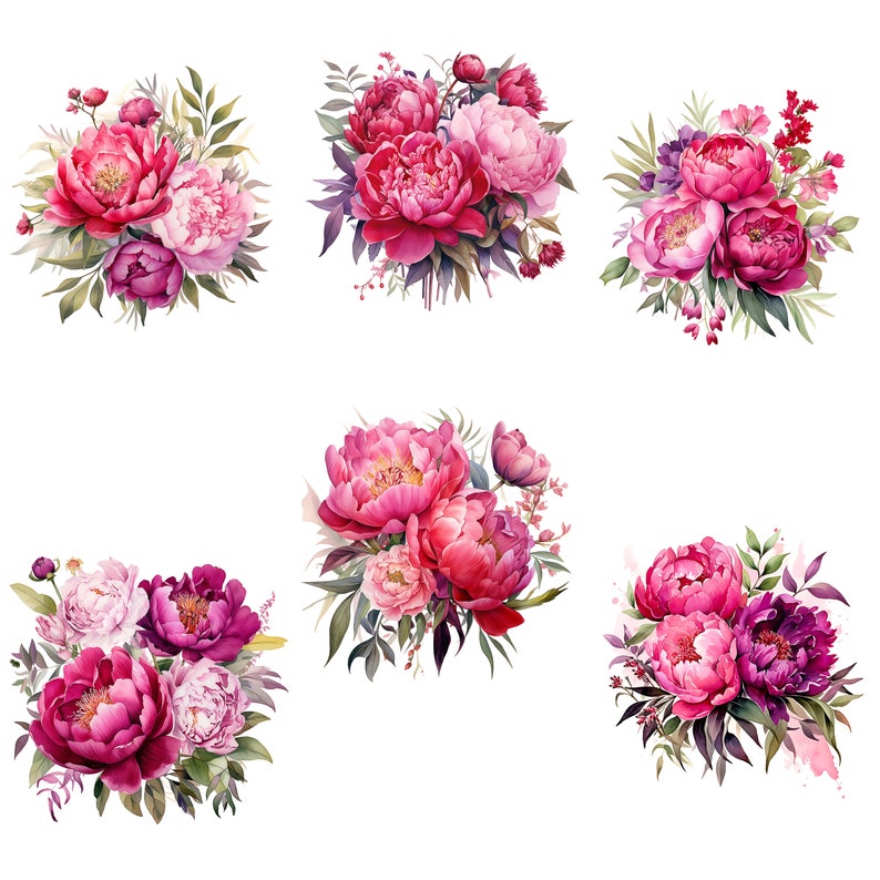 Magenta Peony Watercolor Clipart: Floral Wedding Invitation (JPG Files ...