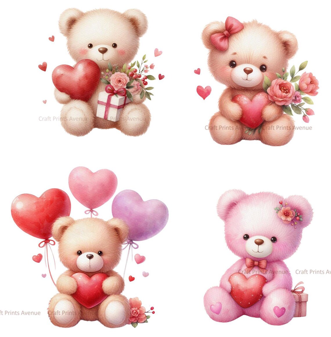 Watercolor Teddy Bear Clipart: Valentine's Day PNG (digital Download ...