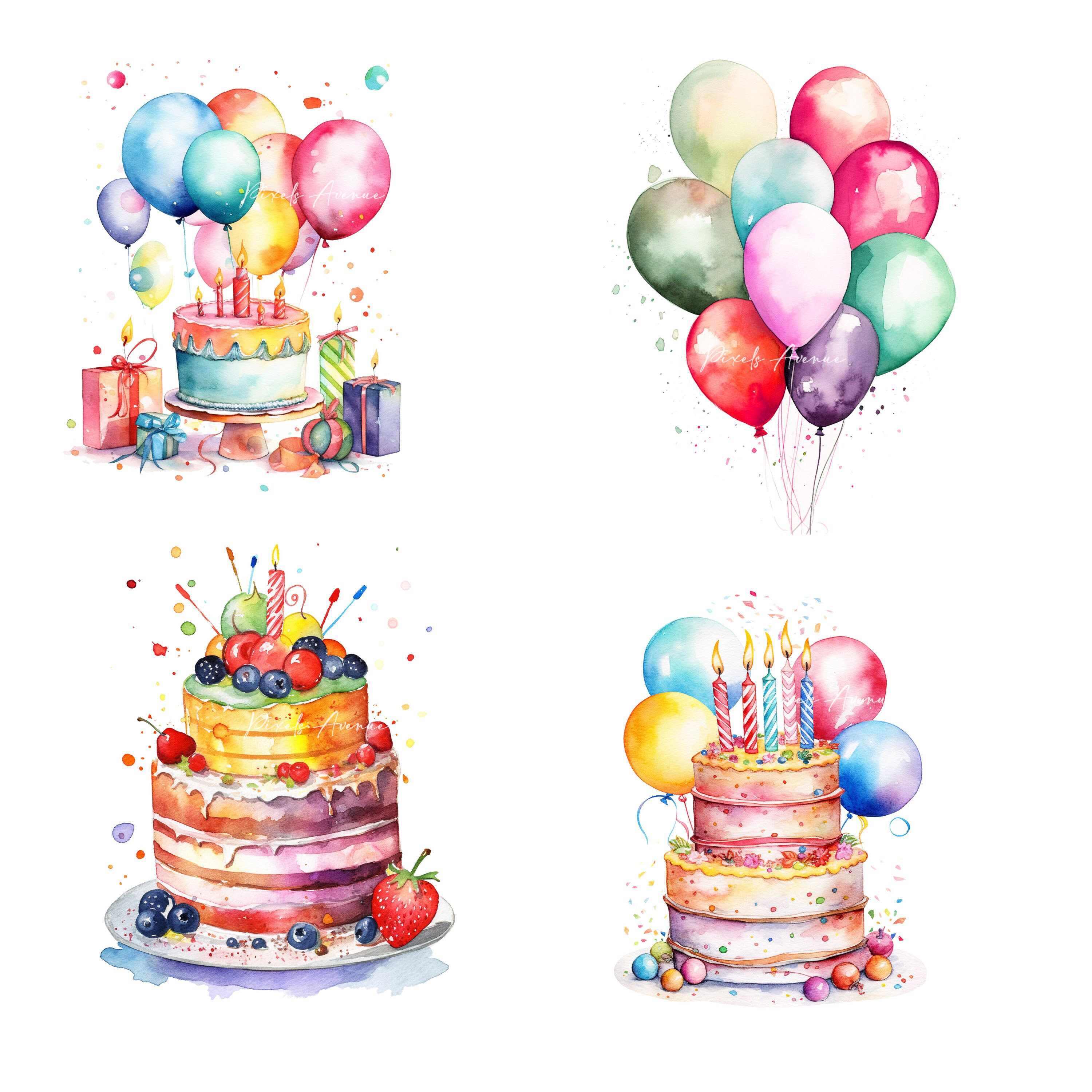 Watercolor Birthday Clip Art JPG Clipart Cake Balloon - Etsy