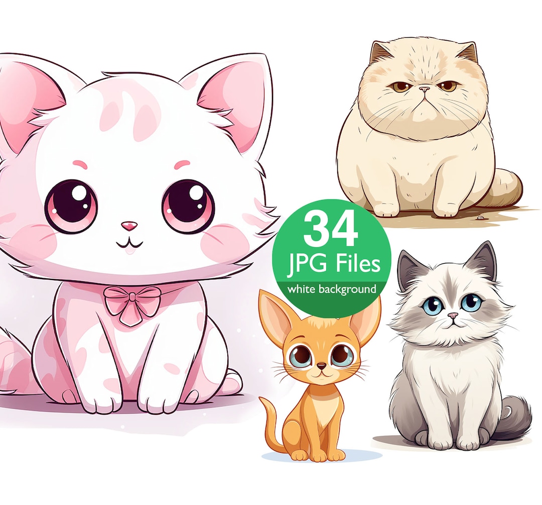 Cute Cats Clip Art, JPG Watercolor Clipart,kitten, Animal, Kawaii Cat ...