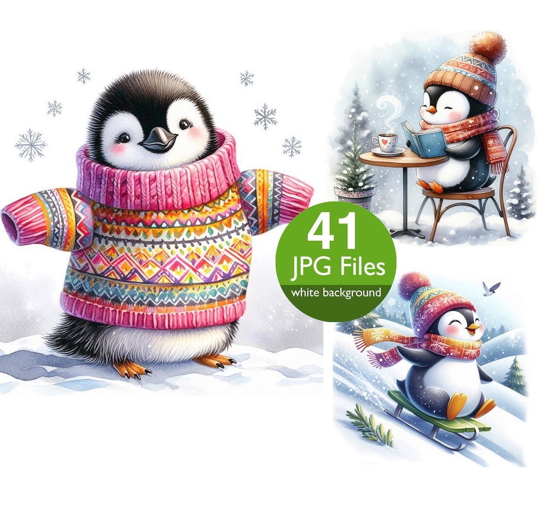 Penguin Christmas Clip Art Clip Art, JPG Watercolor Cozy Winter ...