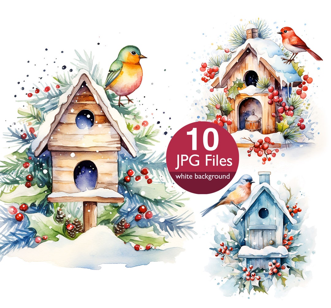 Winter Birdhouse Clip Art, JPG Christmas Bird House Holiday Clipart ...