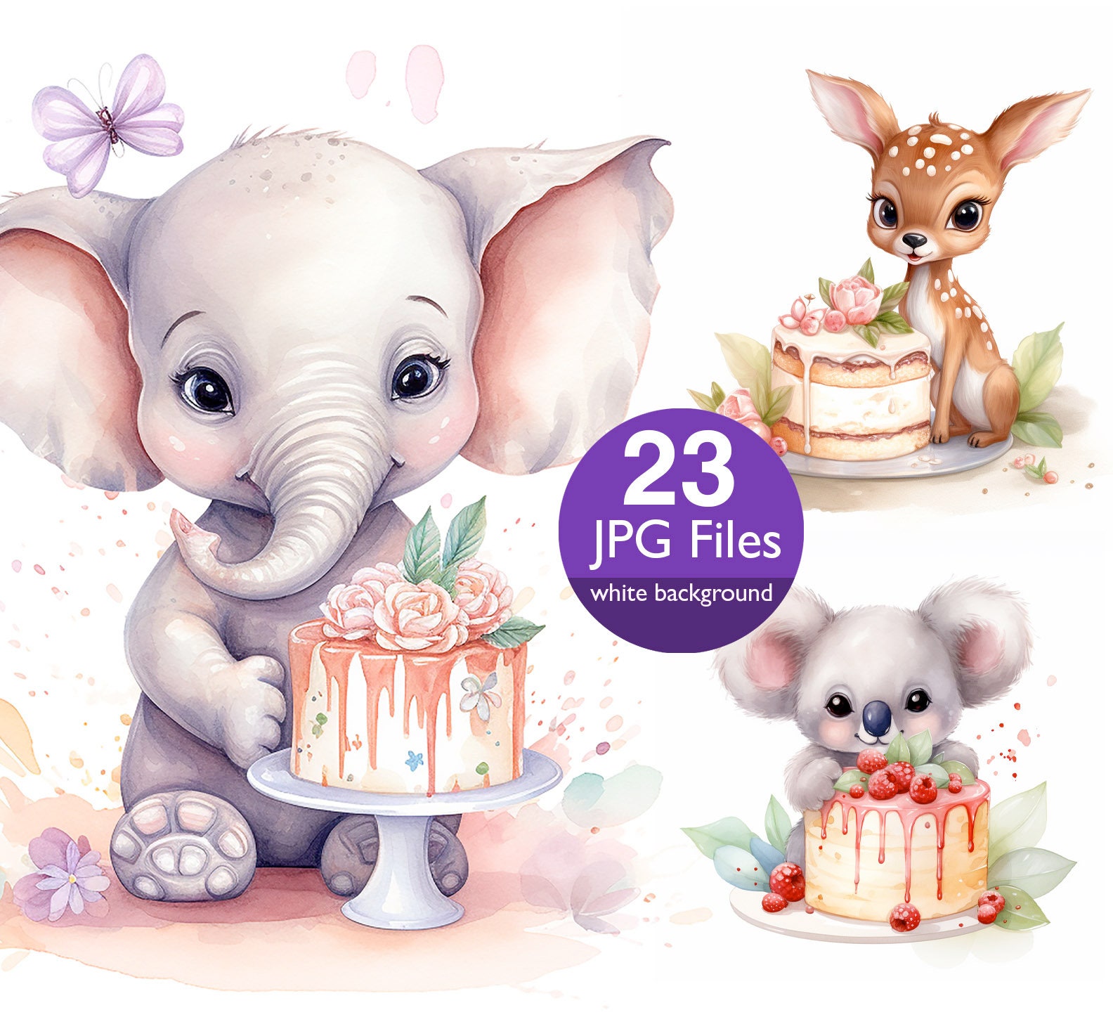 Cute Animals Birthday Clip Art JPG Watercolor Baby Animals - Etsy