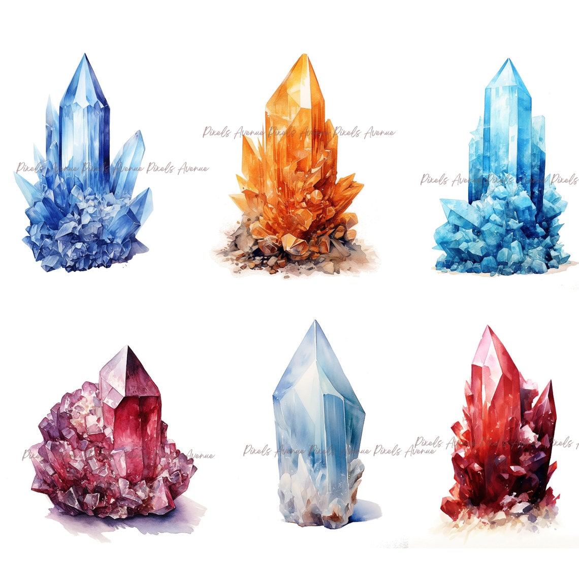 Crystal Gemstone Clip Art, JPG Watercolor Clipart, Crystals Digital ...
