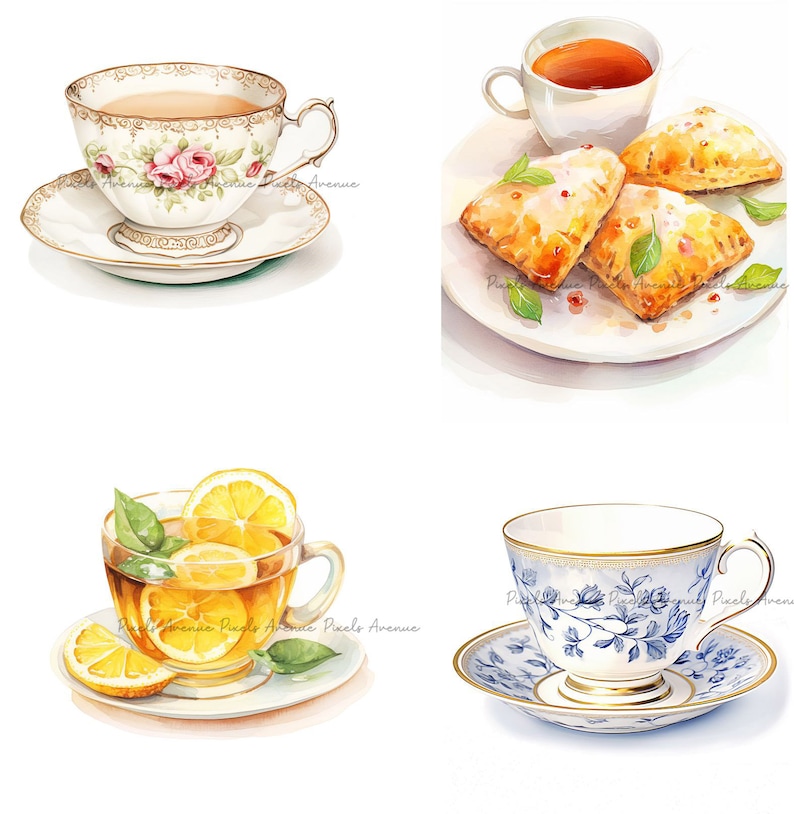 Tea Time Clip Art JPG Tea Cup Watercolor Clipartplanner - Etsy