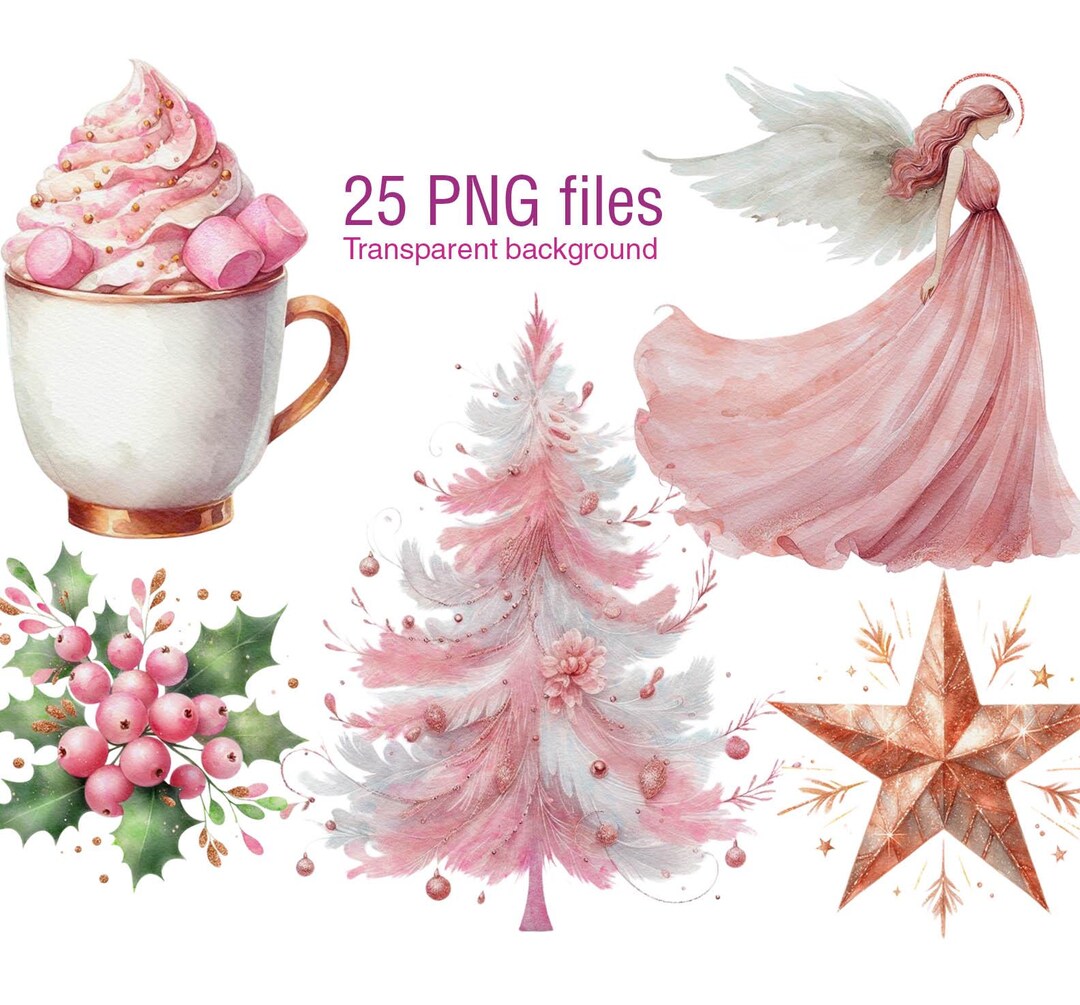 Christmas Clip Art, Watercolor, Cute Angel, Pink Christmas Ornaments ...