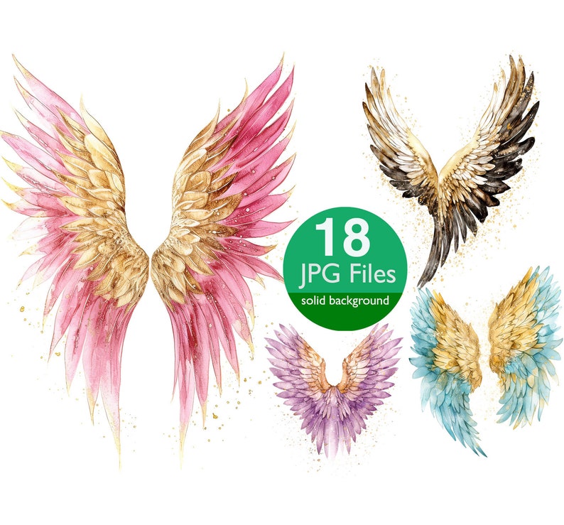 Angel Wings Clip Art, JPG Watercolor, Wings Clipart, Feathered Wings ...