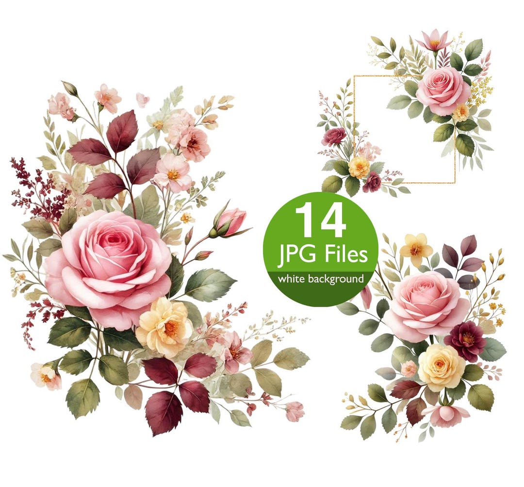 Rose Floral Clip Art, JPG Earth Tones Flower Bouquet Watercolor Clipart ...