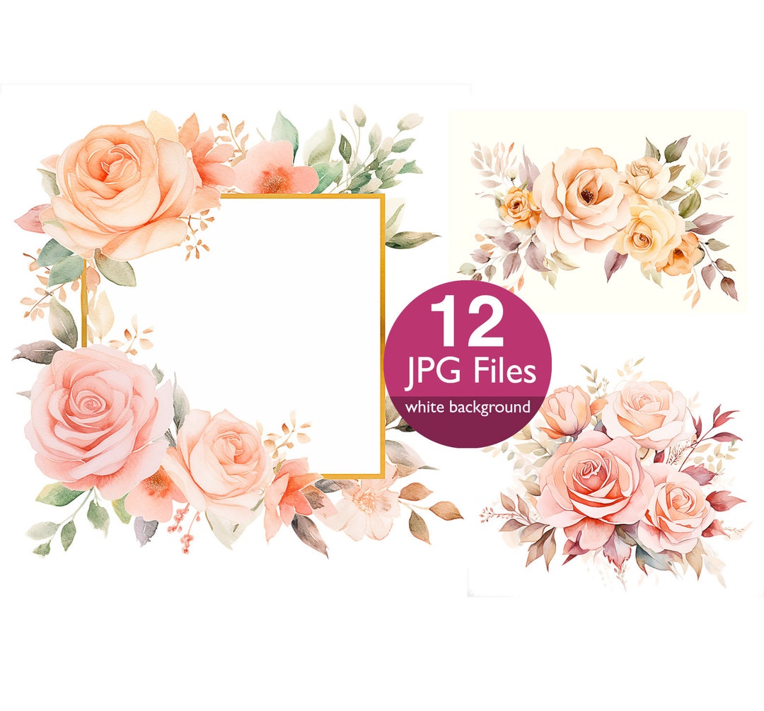 Peach Floral Frame Clipart: Watercolor Flower Border (JPG Files) - Etsy